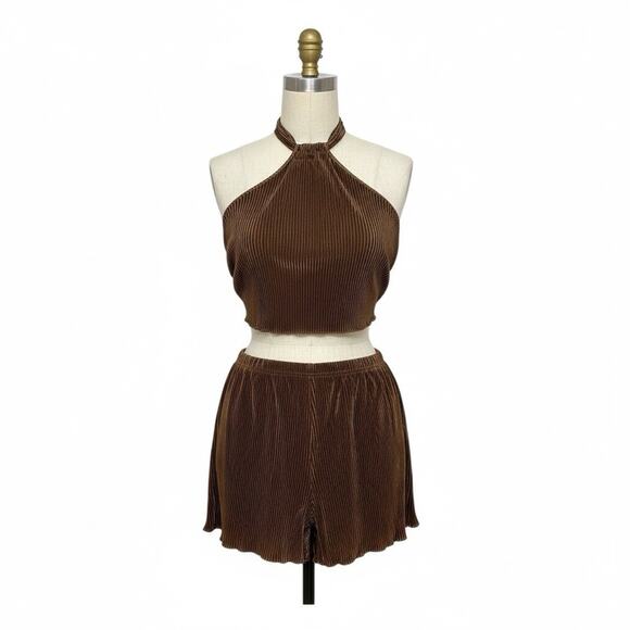 SHEIN | Tops | Pliss Satin Halter Top Set Chocolate Brown Festival ...